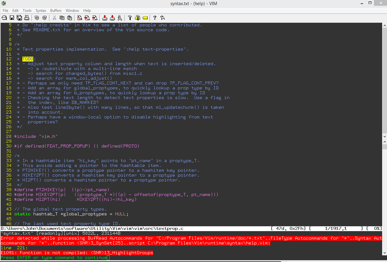 [vim Vim] Errors Message Displayed When Invoking Help Within Gvim Issue 10426